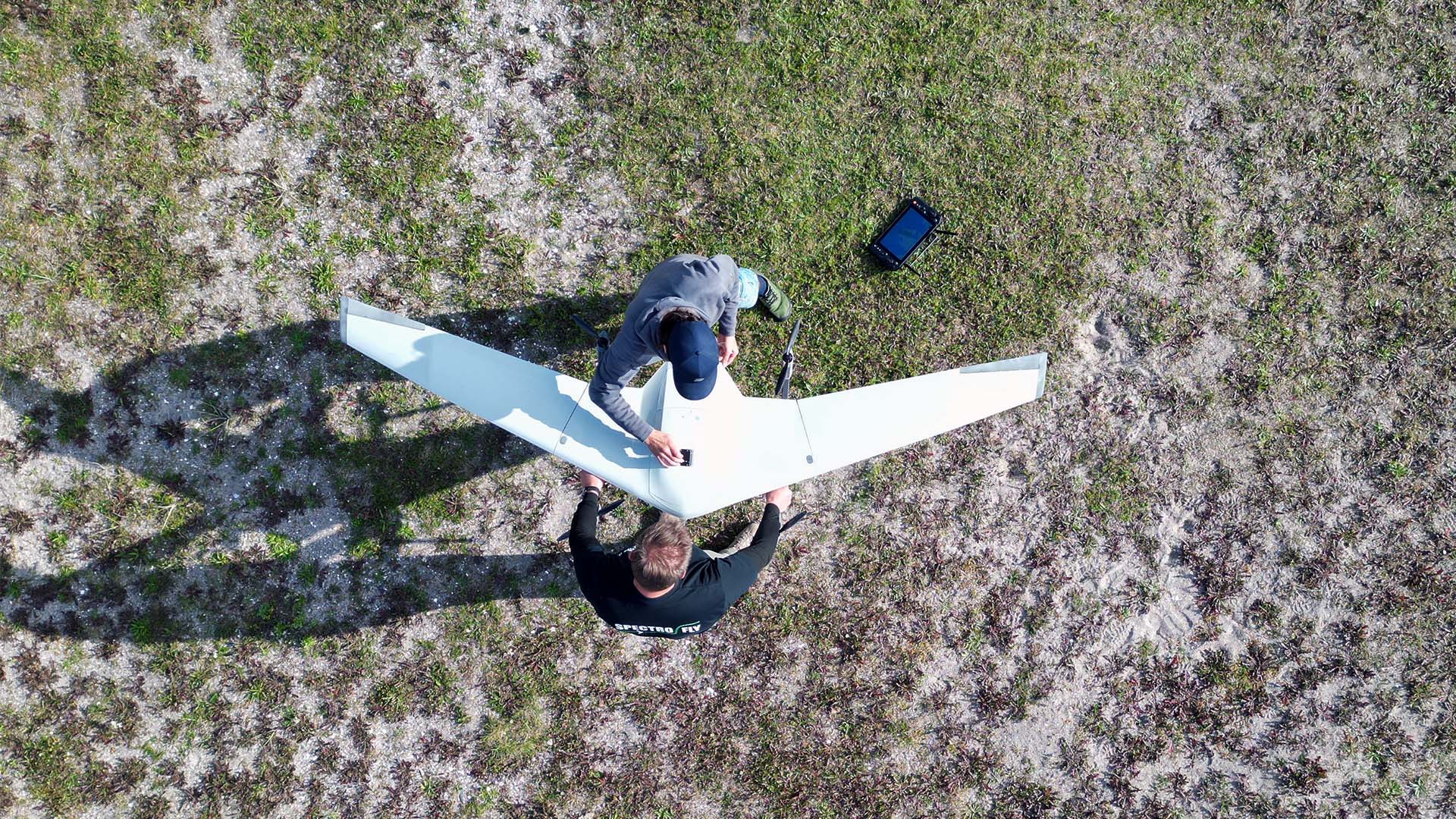 One of the EVO fixed wing drones prepared for takeoff by SeaBee crew